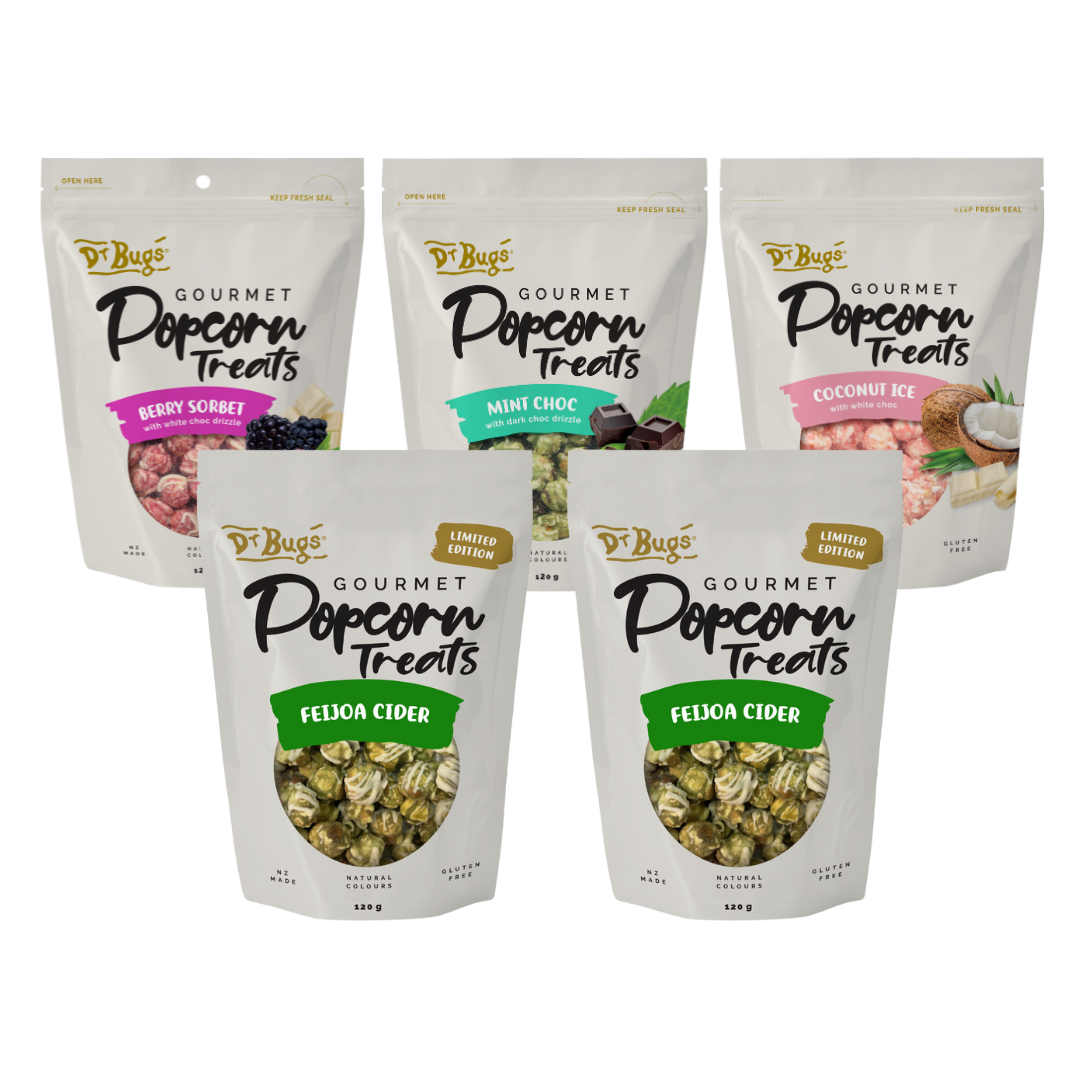 Dr Bugs Feijoa Cider Popcorn Treats Bumper Box – Dr Bugs Popcorn